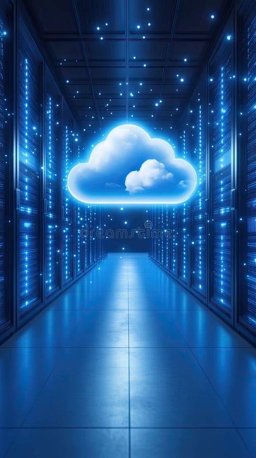 Cloud Technology in Server Room with Glowing Blue Lights Stock ...