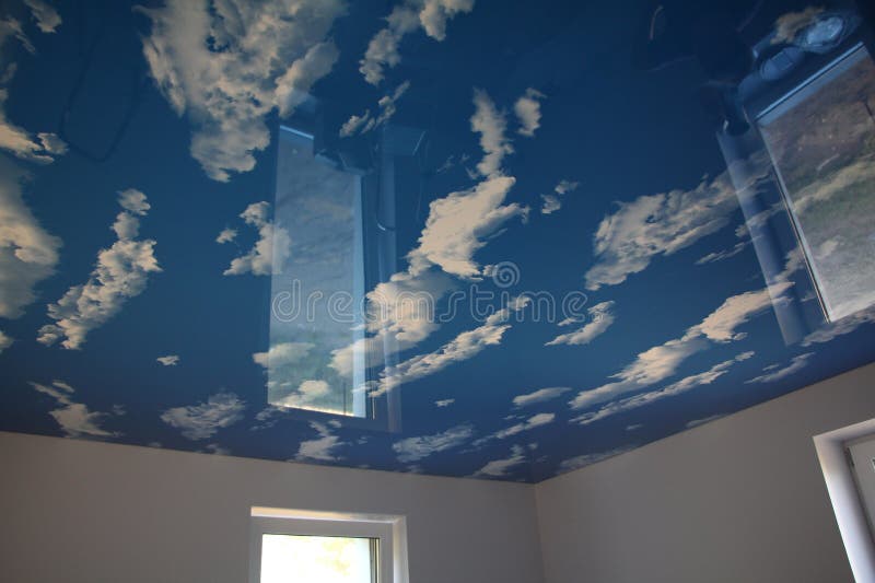 Cloud Themed Stretch Ceiling, Glossy Stock Image - Image of reflective ...