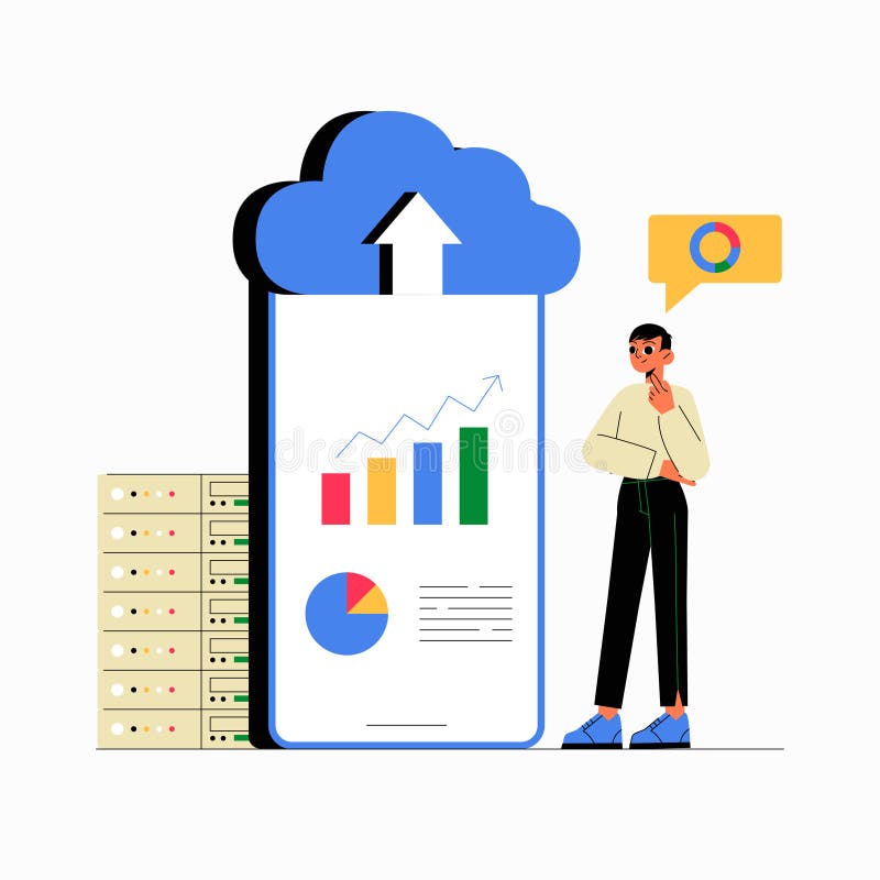 Cloud Upload with Businessman and Data Servers in Flat Vector Illustration Symbolizing Cloud ...
