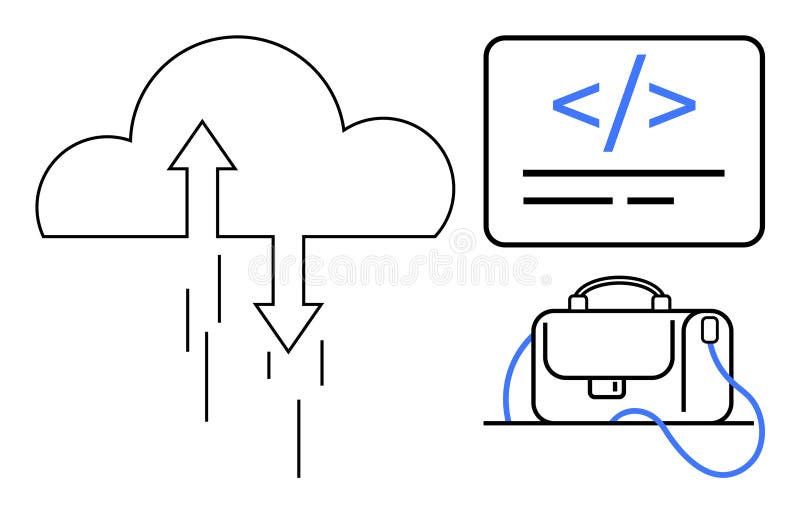Cloud Computing with Coding Screen and Laptop Bag in Minimalist Line ...