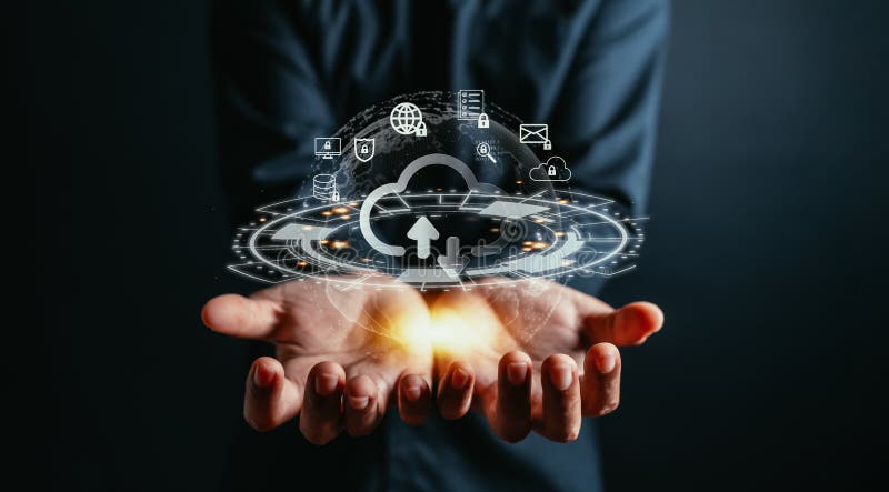 Cloud Upload and Download on System Network. Businessman Hold Virtual ...