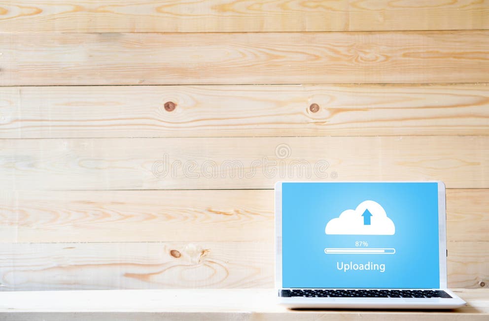 Cloud Uploading on Laptop on Table Stock Photo - Image of server ...