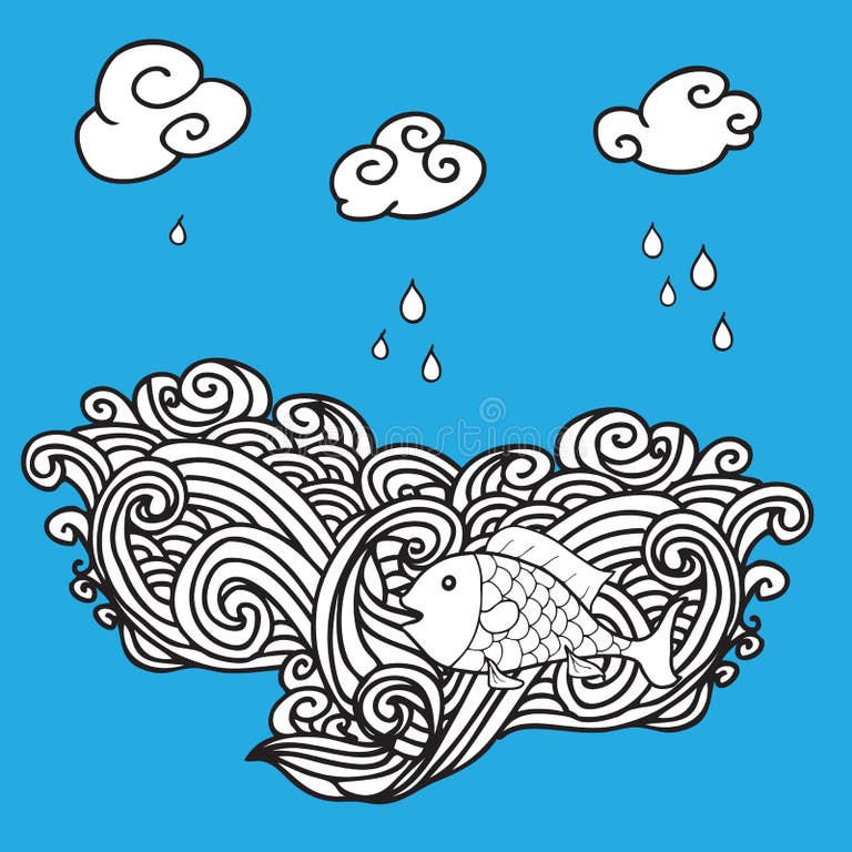 Cloud and wave and fish stock vector. Illustration of wave - 53015671