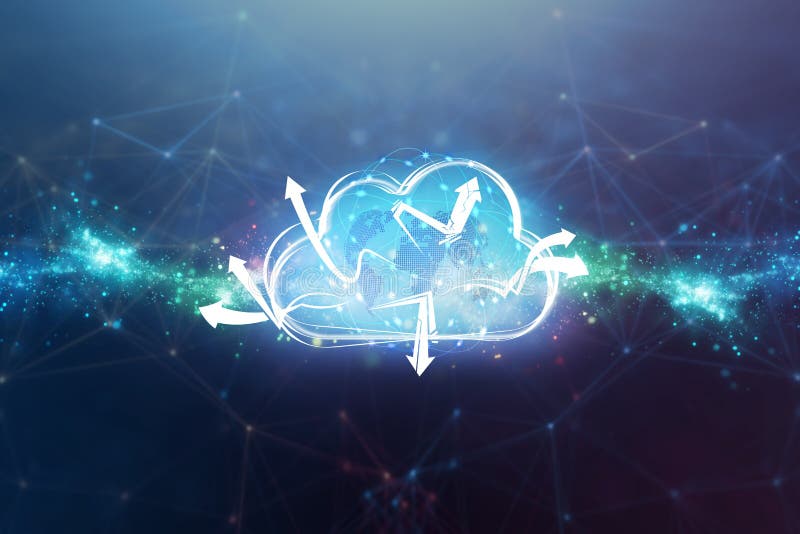 Cloud with a World Map Floating in Front a Grid Pattern Stock ...