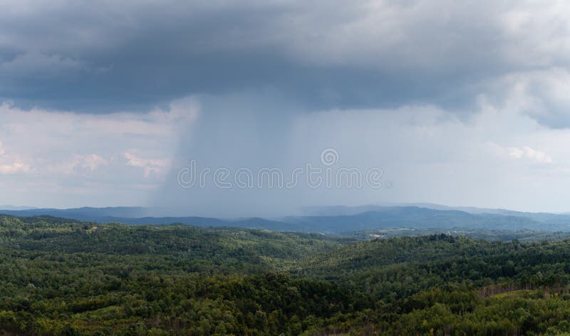 Cloudburst Above Hills Overgrown in Forests during Summer Stock Photo - Image of hill ...