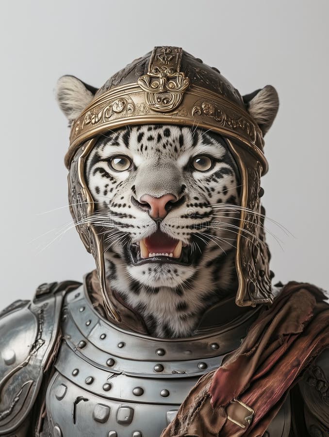 A Clouded Leopard Dressed in Ancient Greek Armor, Wearing a Bronze ...