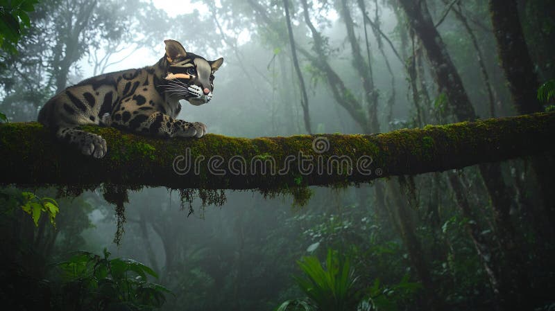 Clouded Leopard Perched on a Mossy Branch, Blending into the Mist ...