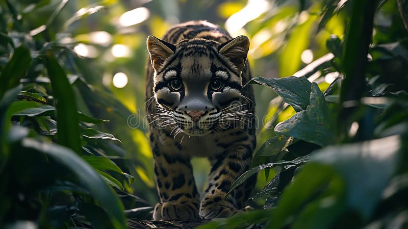 Clouded Leopard Prowling through Jungle Foliage in Dappled Sunlight ...