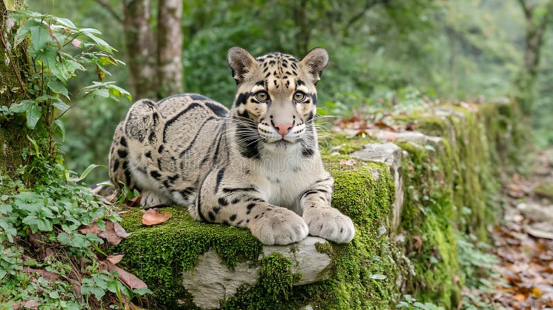 Clouded Leopard Resting on Mossy Stone in Lush Green Forest Stock ...