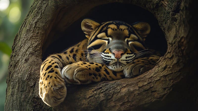 Clouded Leopard Resting in a Tree Hollow, Its Spotted Coat Blending ...