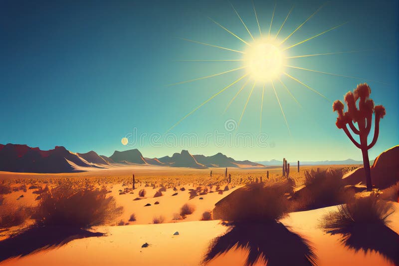 Cloudless Sky with Sun Shining Down on Desert Landscape, Creating ...