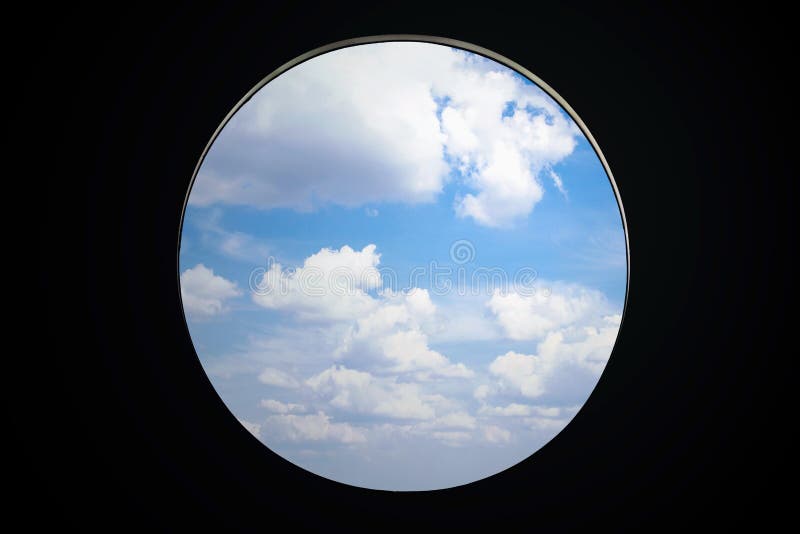 Clouds in Blue Sky Outside Round Plane Window Stock Image - Image of ...