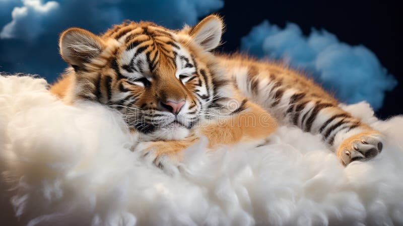 Clouds of Comfort, Cute Little Tiger Sleeping Peacefully on a Fluffy ...