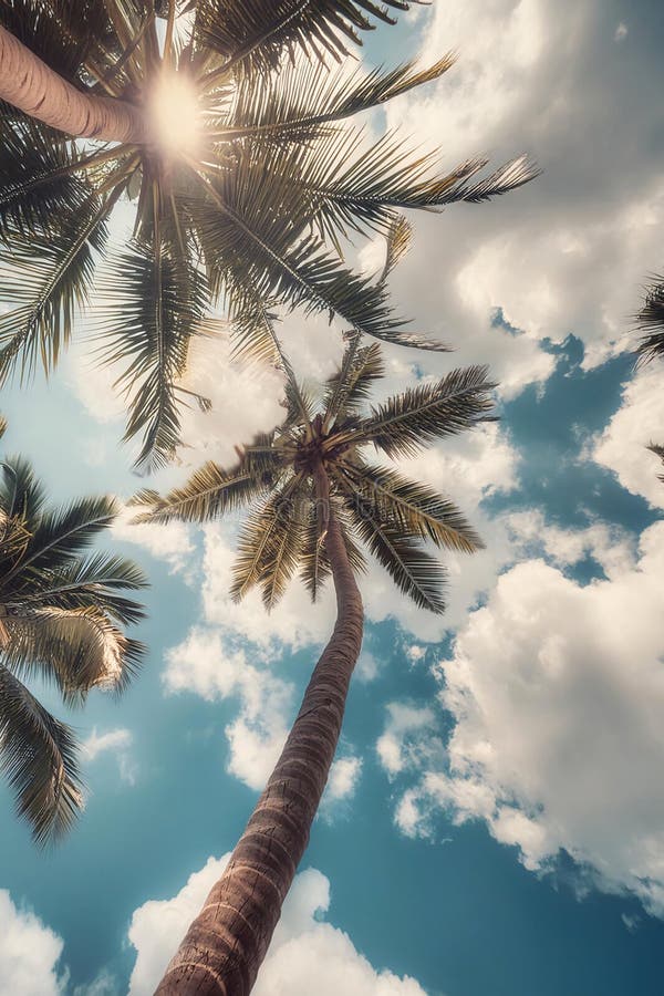 Clouds Covered Sky Coconut Tree Branches Bottom View Shot from Below ...