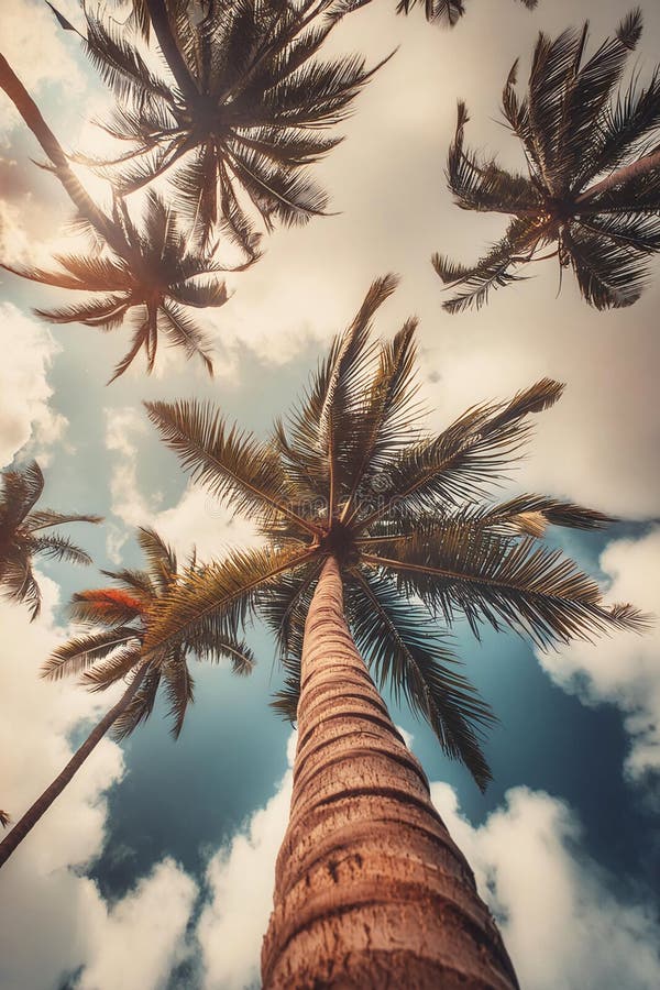 Clouds Covered Sky Coconut Tree Branches Bottom View Shot from Below ...