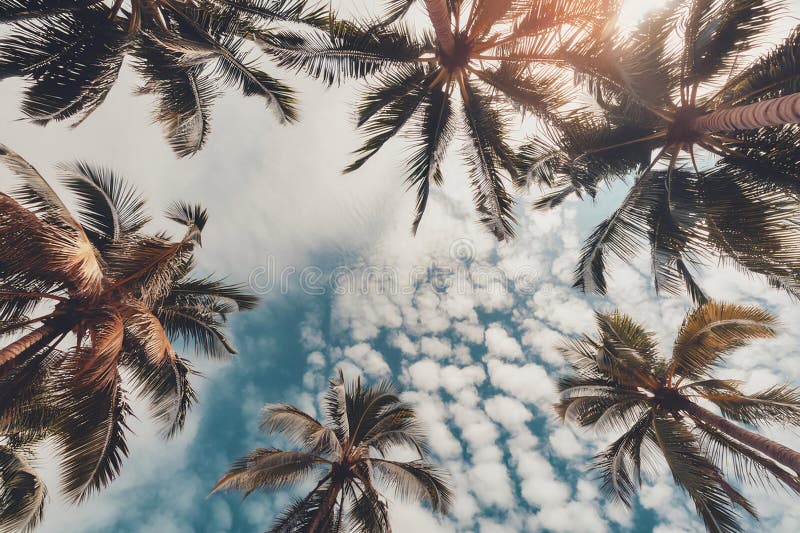 Clouds Covered Sky Coconut Tree Branches Bottom View Shot from Below ...