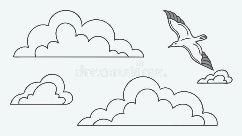 Clouds and Flying Bird Outline, Simple Sky Illustration, Vector Design ...