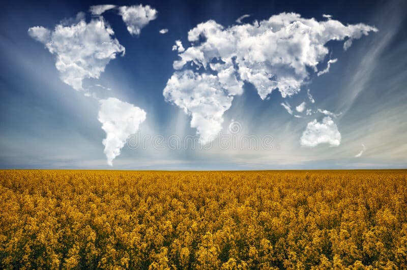 Clouds in the Form of a World Map Over a Rapeseed Field. Travel and ...