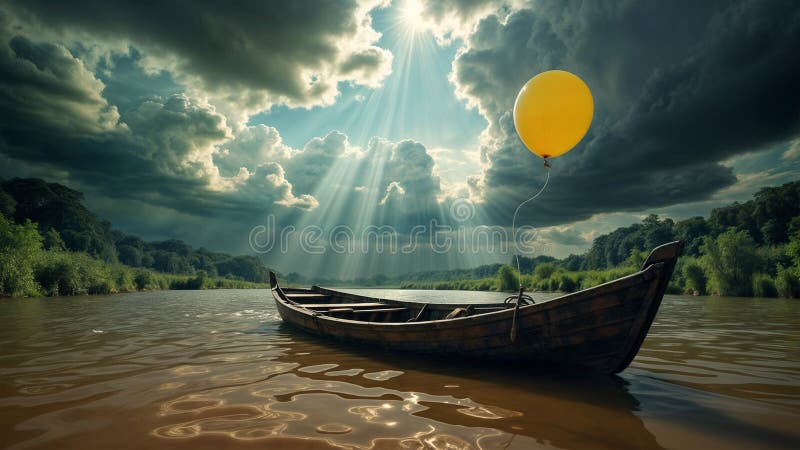 Clouds Gather Over a Tranquil River with a Lone Boat and a Bright ...