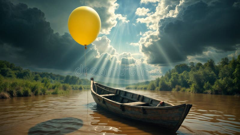 Clouds Gather Over a Tranquil River with a Lone Boat and a Bright ...