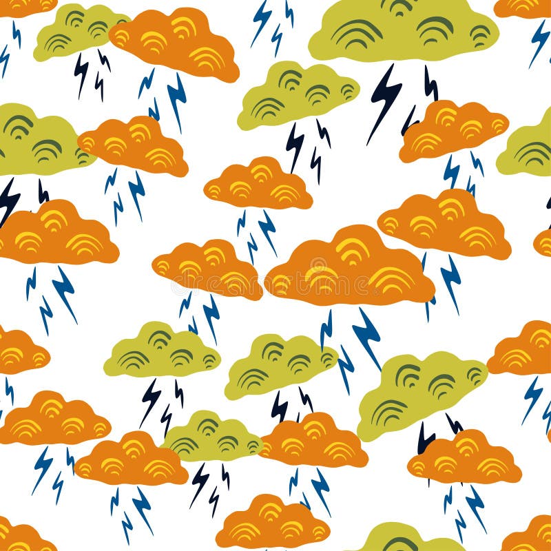 Clouds with Lightning of Seamless Pattern. Cute Hand Drawn Background ...