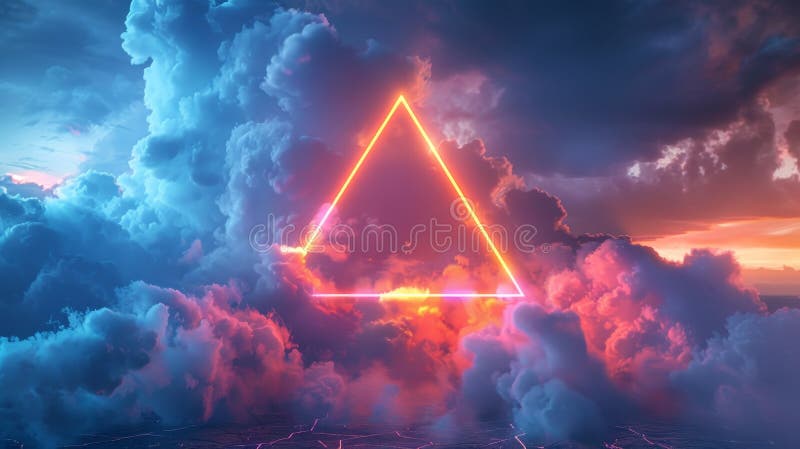 Clouds and Neon Triangle Shape in a Night Sky in 3D. Stormy Cumulus ...