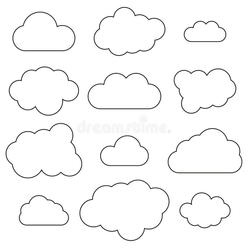 Clouds Outlines in Line Art Style. Simple Line Frame Set. Vector ...