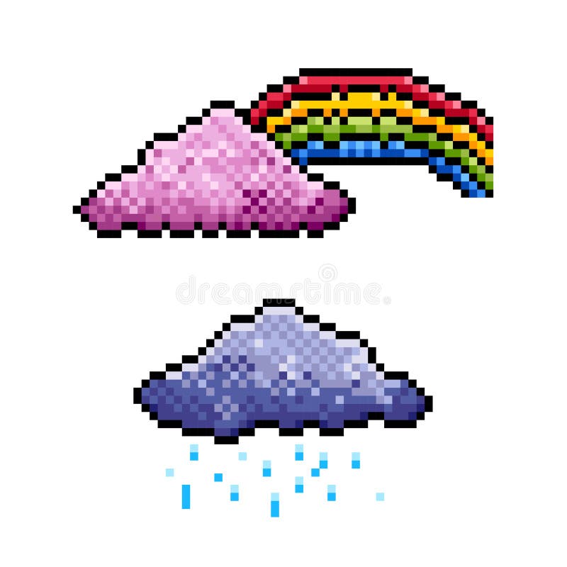 Pink Cloud with Rainbow and Rain Fall Pixel Art Vector Drawing Stock ...