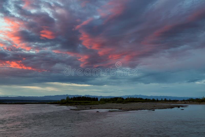 Clouds of Red Color on a Large River. Stock Image - Image of polar ...