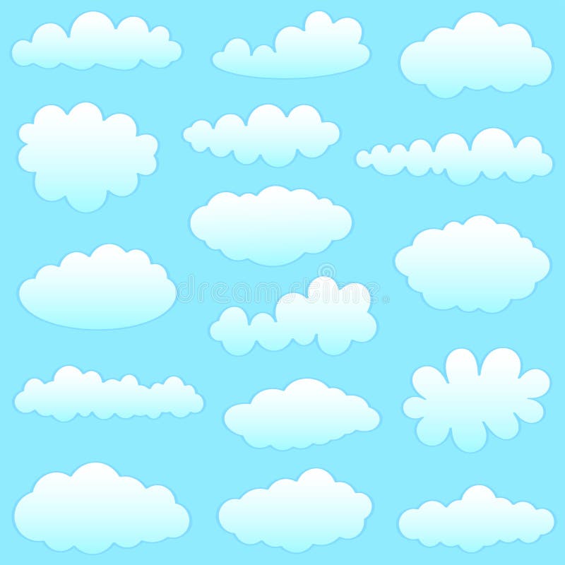 Uppsättning Med Tecknade Moln. Vektormoln Isolerat På Blå Himmel ...