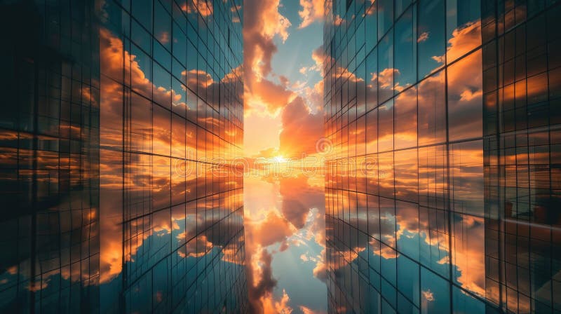 Clouds and the Setting Sun Reflected on the Glass Surface of Buildings ...