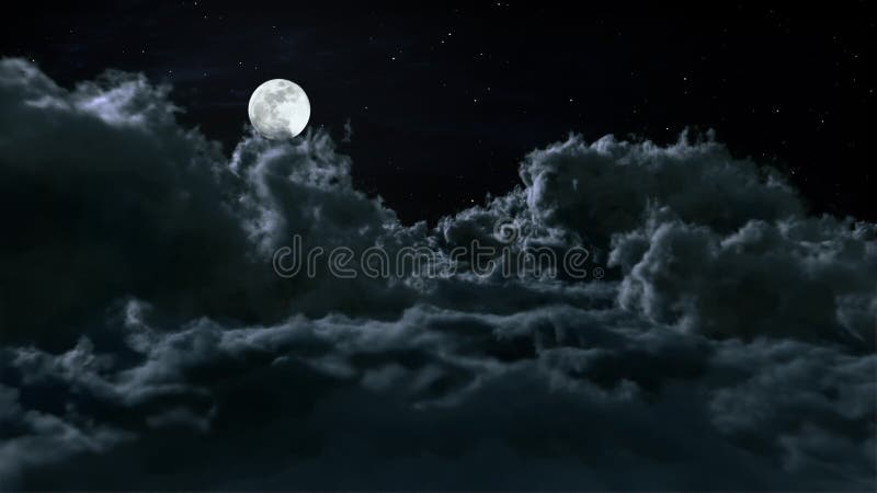 Flying through the Cinematic Night Clouds with Full Moon Background ...