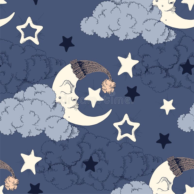 Clouds, Stars and Crescent Vector Seamless Pattern Stock Vector ...