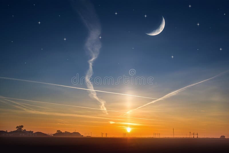 Crescent on the Background of Sunset, Religion Stock Image - Image of ...