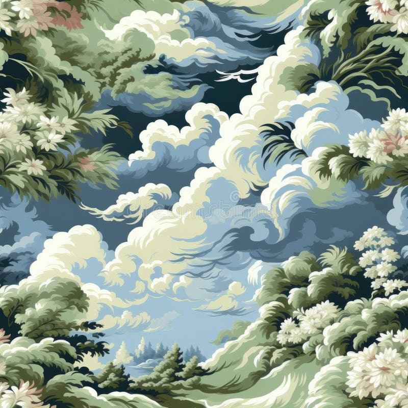Clouds, Trees, and Floral Motifs in a Pattern-based Painting (tiled ...