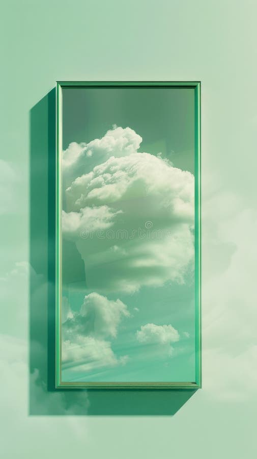 Cloudscape Reflection in Green-tinted Window Frame, Minimalistic Art ...