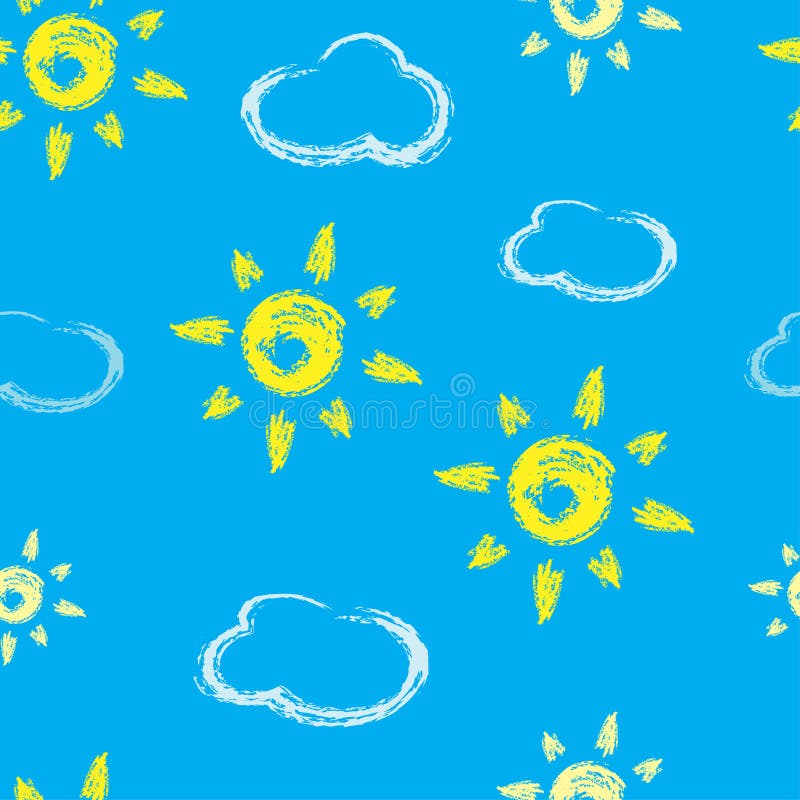 Cloudscape Seamless Pattern. Clouds and Sun Doodle Drawing on Blue ...