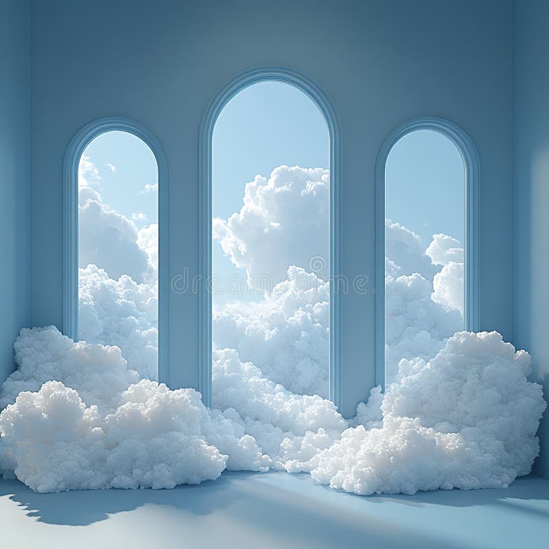 Cloudscape View through Arched Windows, Serene Room Stock Illustration ...
