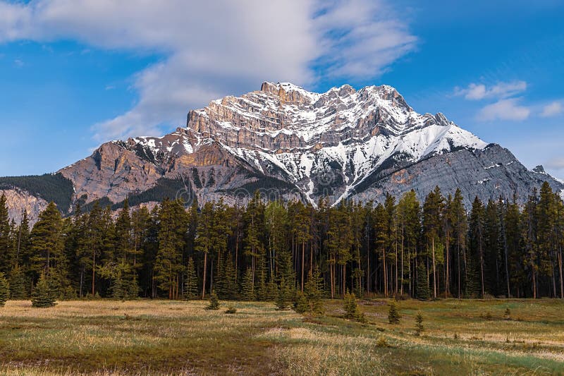 A Cloudy Blue Sky Over Banff Mountains Stock Photo - Image of meadow ...