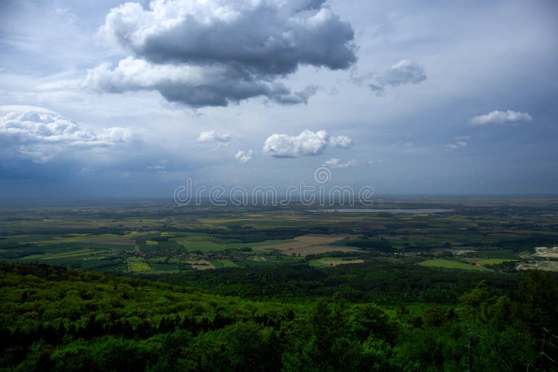 Cloudy Day View from Hilltop Over Green Fields Stock Image - Image of clouds, outdoor: 357430541
