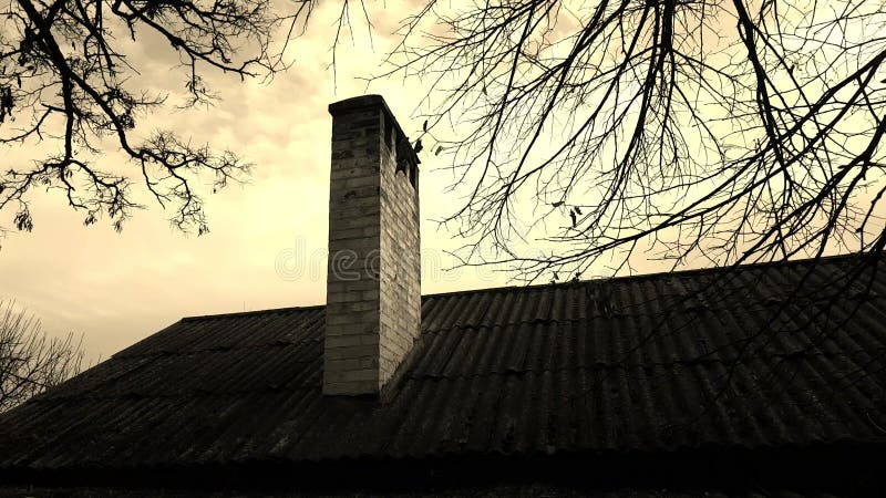 Cloudy Evening Sky with Bare Tree Branches and a Rural House with a ...