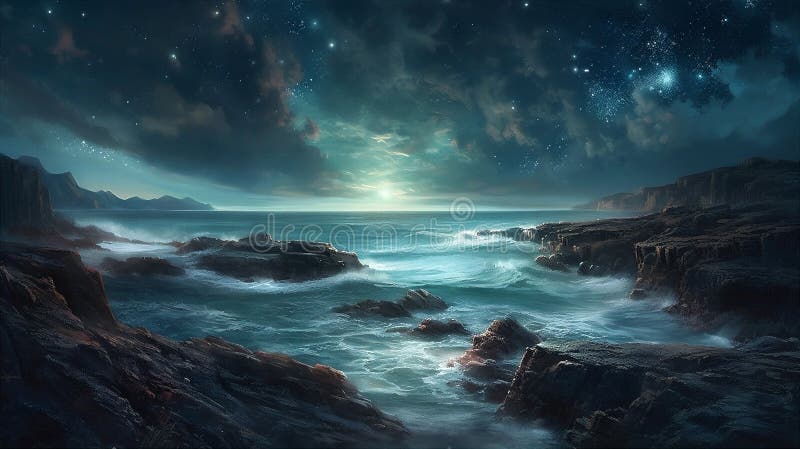 Cloudy Night Ocean Landscape with the Moon and Stars. AI Generated ...