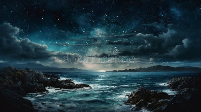 Cloudy Night Ocean Landscape with the Moon and Stars. AI Generated ...