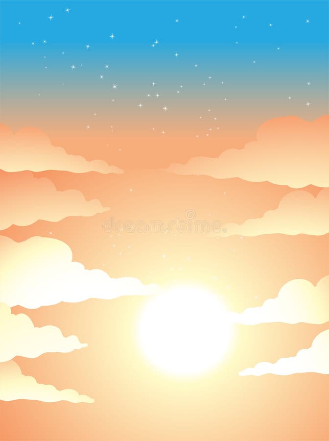 Cloudy Orange Sky with Bright Sun Light and Stars Stock Vector ...