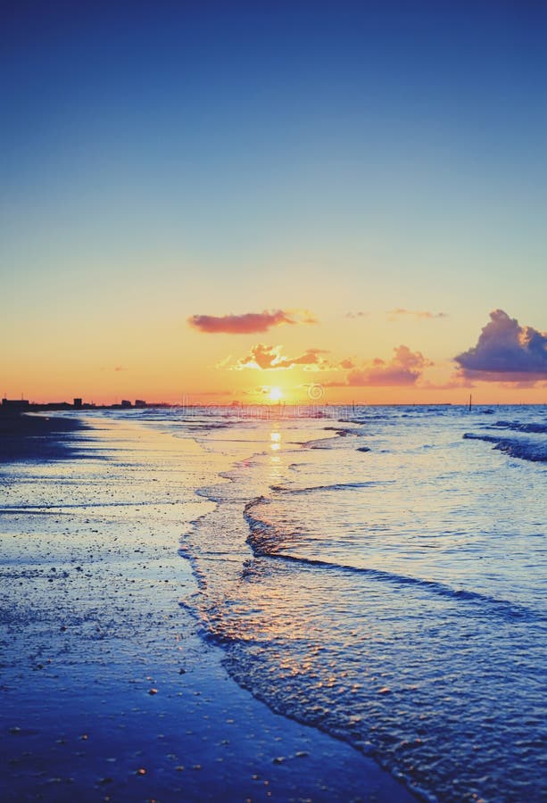 Cloudy Orange Sunset Over Sea Water, Sunset Over Sea Waves. Stock Photo ...