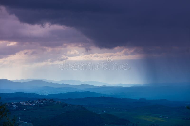 Cloudy Rainy Sky Over Mountain Valley Stock Image - Image of dramatic ...