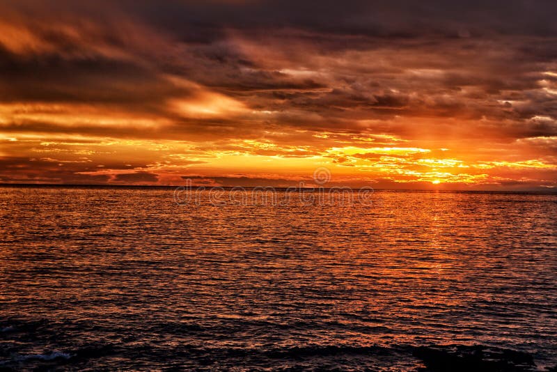 Red Sunset with Cloudy Sky by the Sea Stock Photo - Image of wide ...