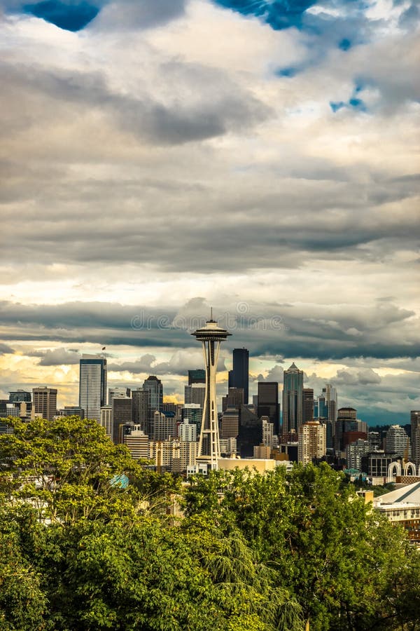 Cloudy Seattle Space Needle - Vertical Editorial Photography - Image of ...