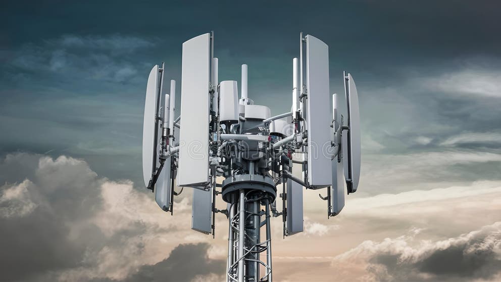 Cloudy Skies Over 5G Network Tower. Concept Technology, Communication, Cloud Computing, 5G ...