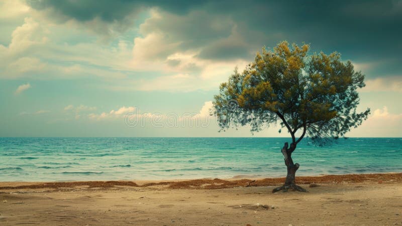 Cloudy Sky Over Beach with Large Tree Stock Photo - Image of relaxation ...